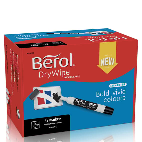 Berol Drywipe Whiteboard Marker Pen Bullet Tip Black - 48 Pack ...